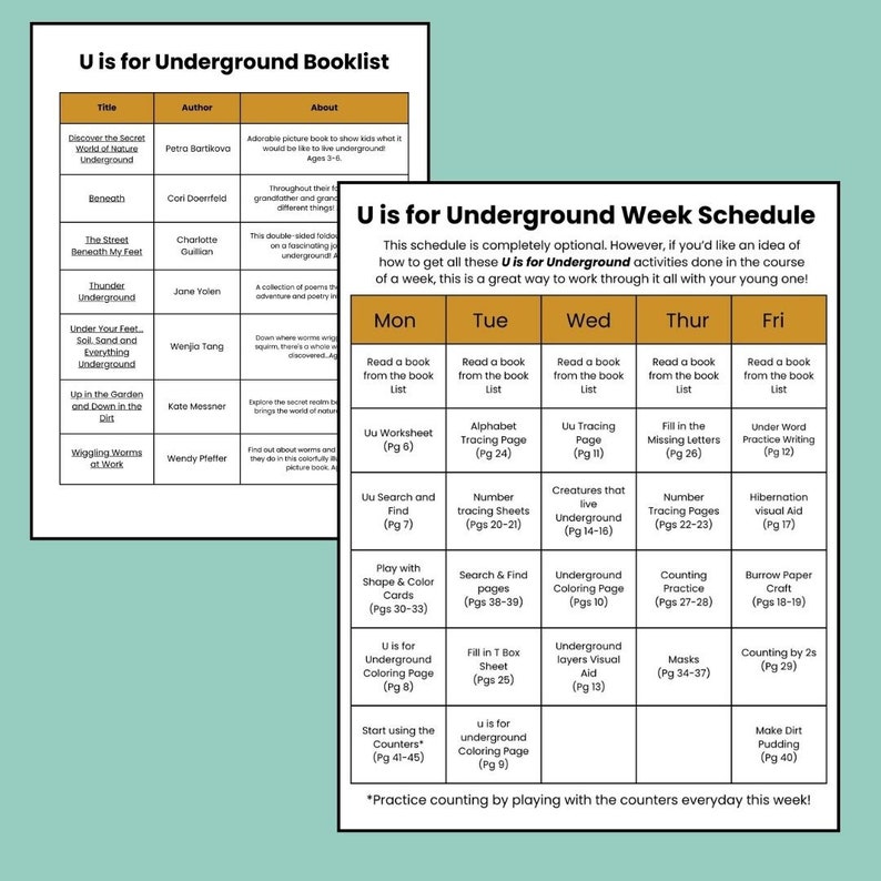 Underground Preschool Activity Sheets Letter U Week Kindergarten Pre-k ...