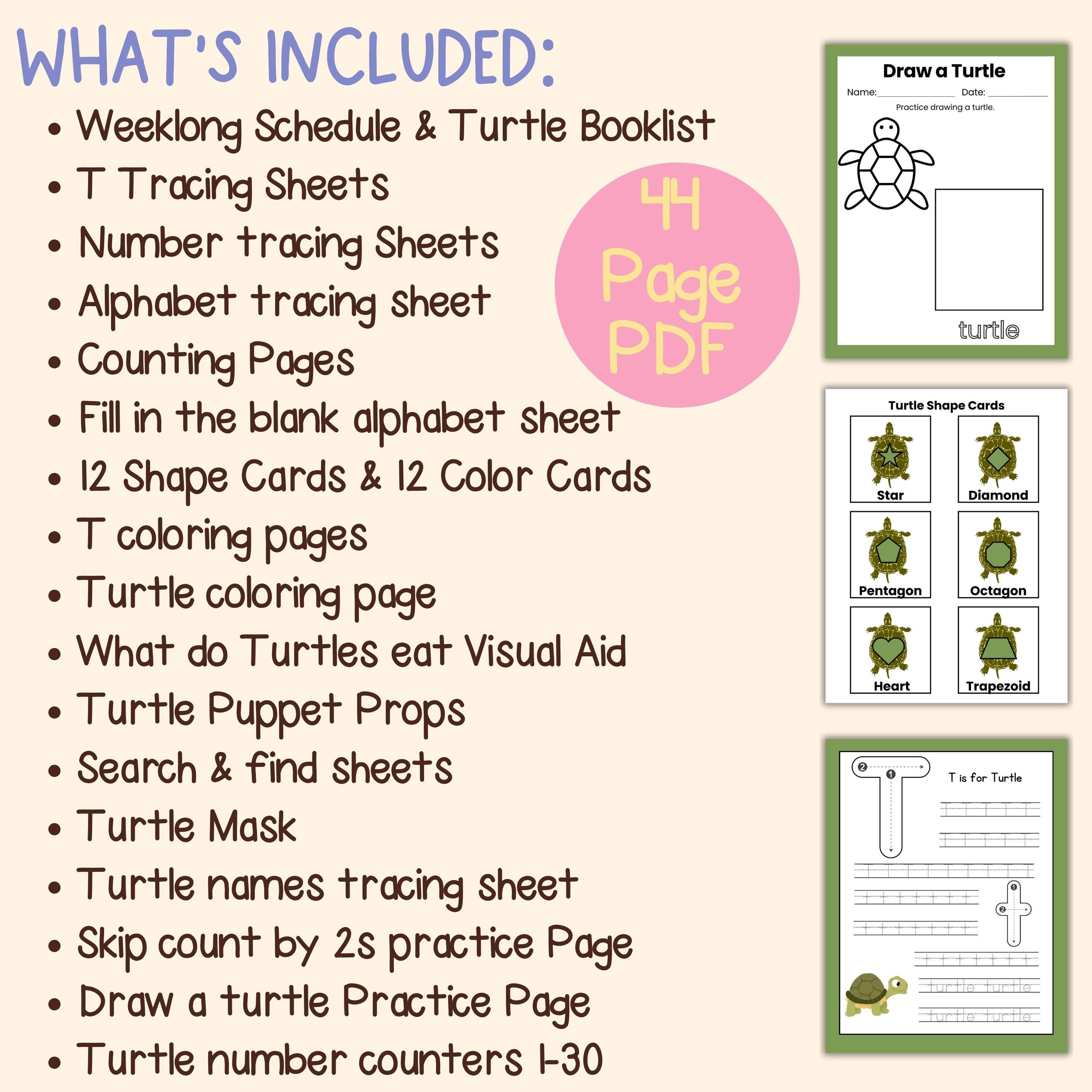 Turtle Preschool Activity Bundle: Letter Tracing, Math, Science (PDF ...