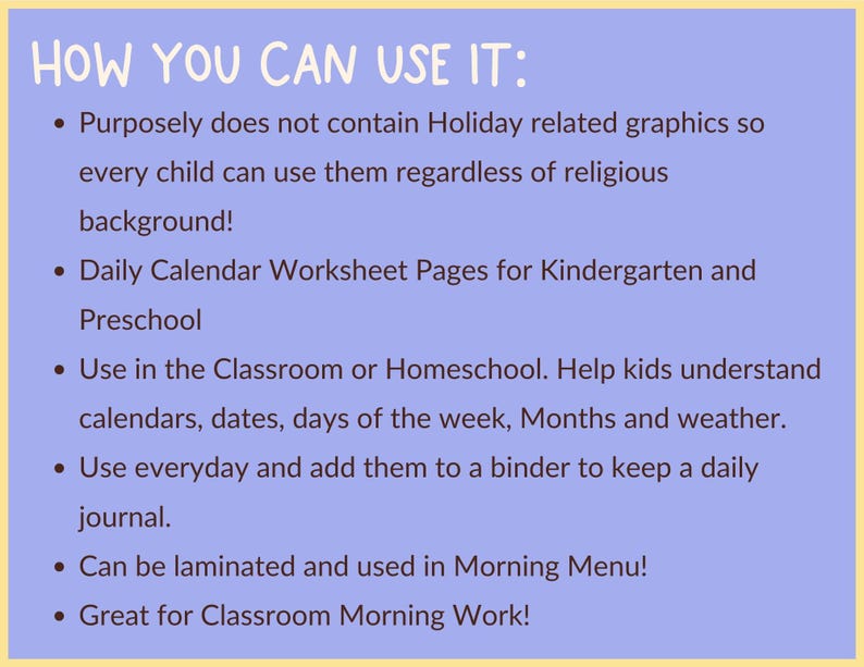 Kindergarten Daily Calendar Worksheet: Preschool Learning, Homeschool ...