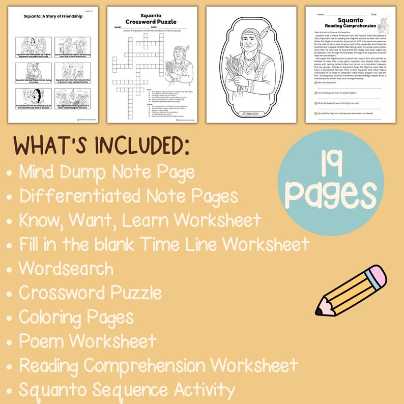 Squanto Worksheets and Note Pages Native American Homeschool History - Etsy