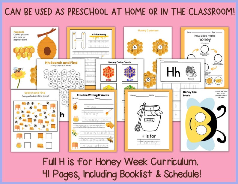 Honey Preschool Activity Sheets Workbook Kindergarten H is for Honey ...