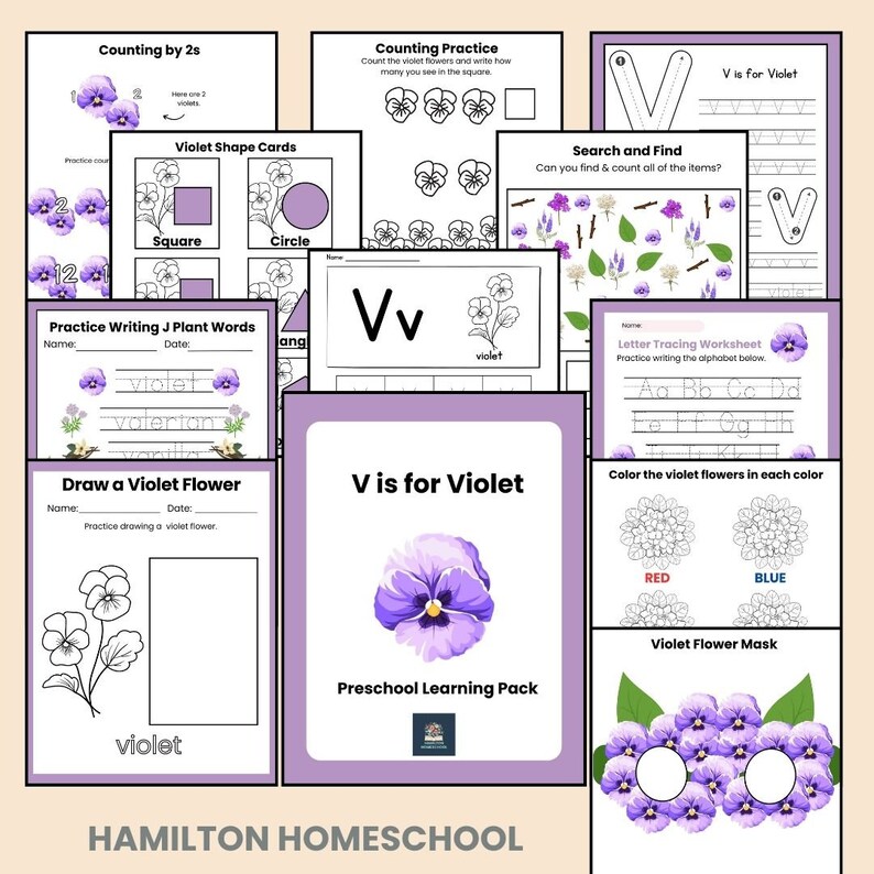 Violet Preschool Activity Sheets Bundle V is for Violet Letter Week ...