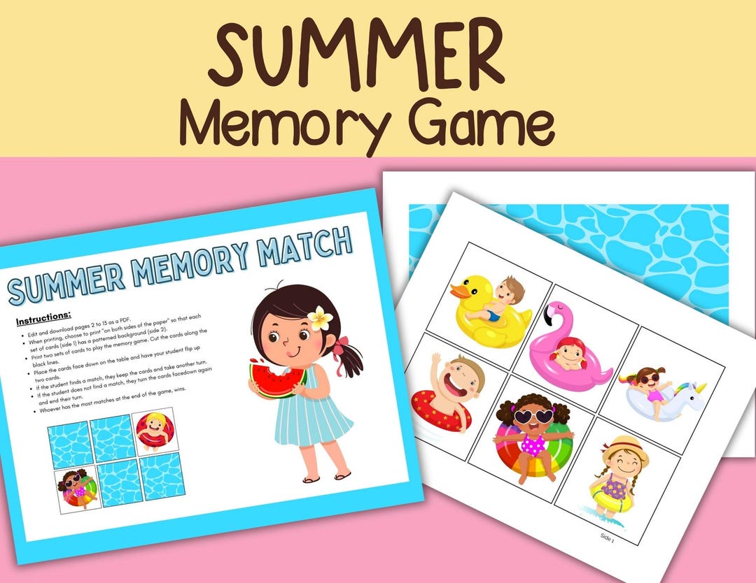 Summer Kids Memory Game Matching Cards Printable Memory Snap - Etsy