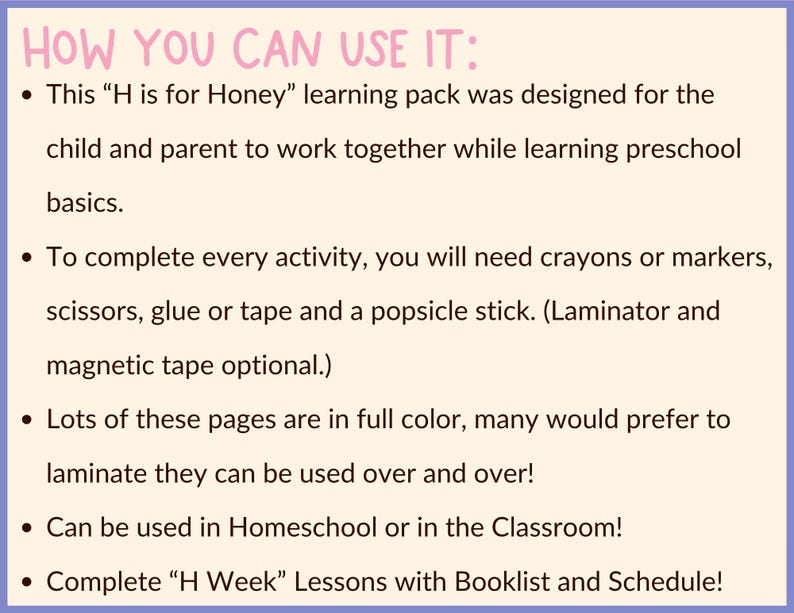 Honey Preschool Activity Sheets Workbook Kindergarten H is for Honey ...