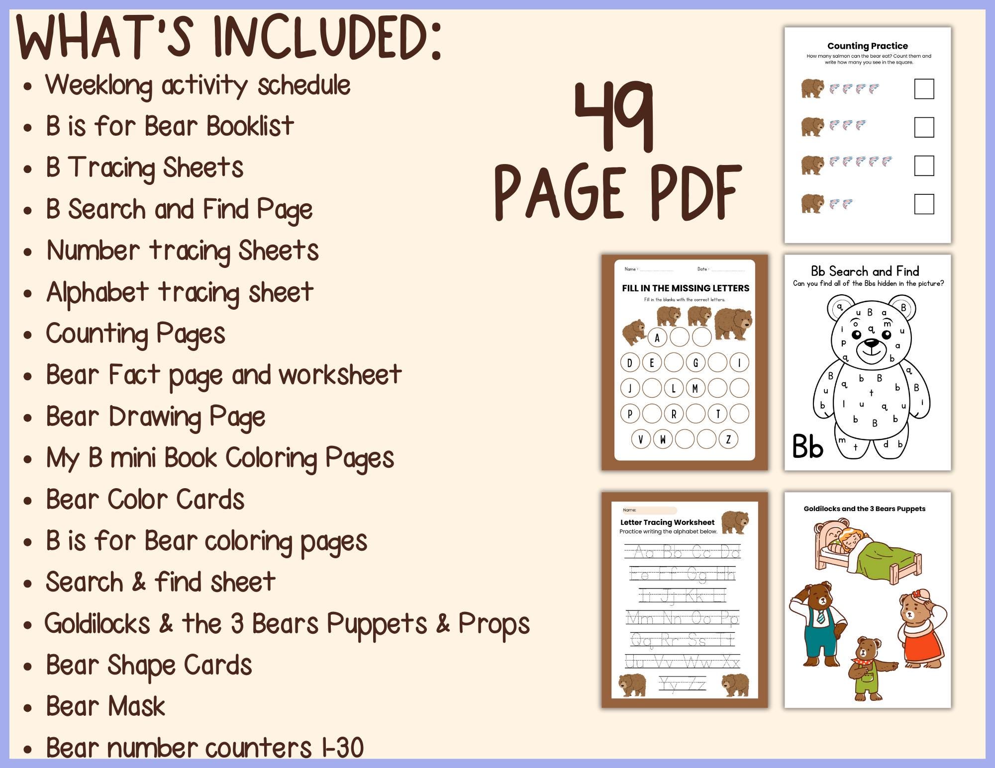 Bear Theme Preschool Activity Pack: Letter B Week Curriculum PDF ...