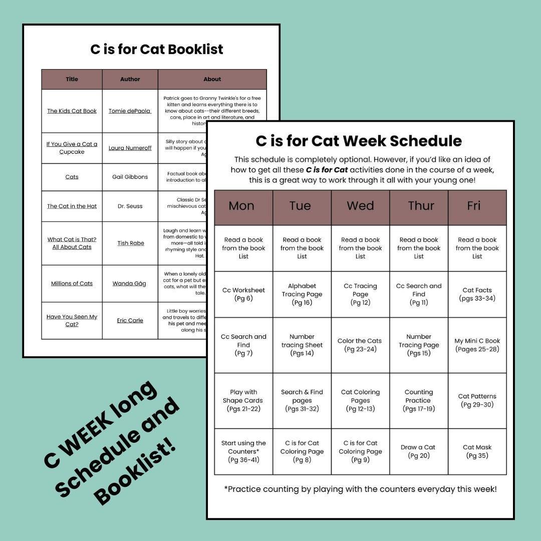 C is for Cat Preschool Activity Sheet Bundle Pre K Kindergarten ...