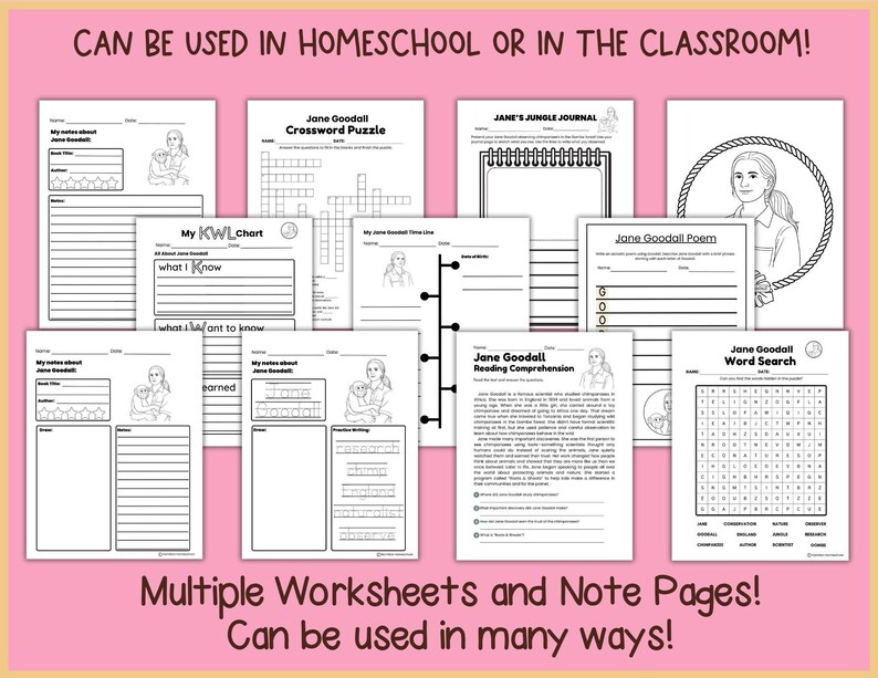 Jane Goodall Worksheets and Note Pages Homeschool History Women's ...