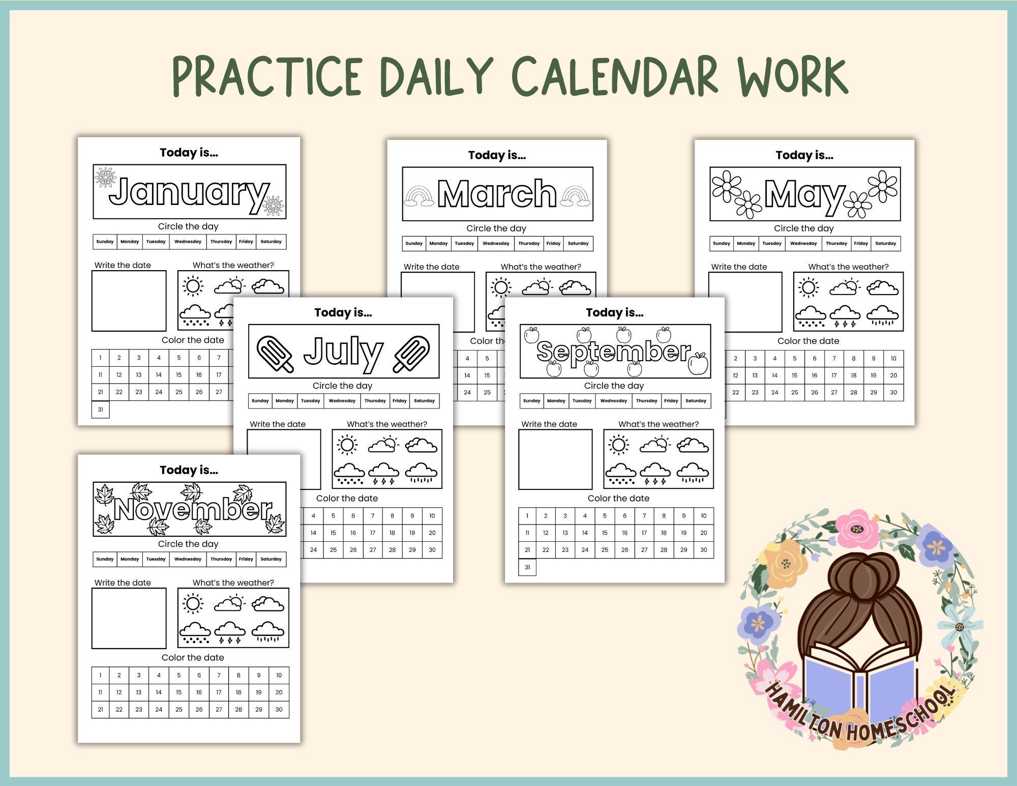Kindergarten Daily Calendar Worksheet: Preschool Learning, Homeschool ...