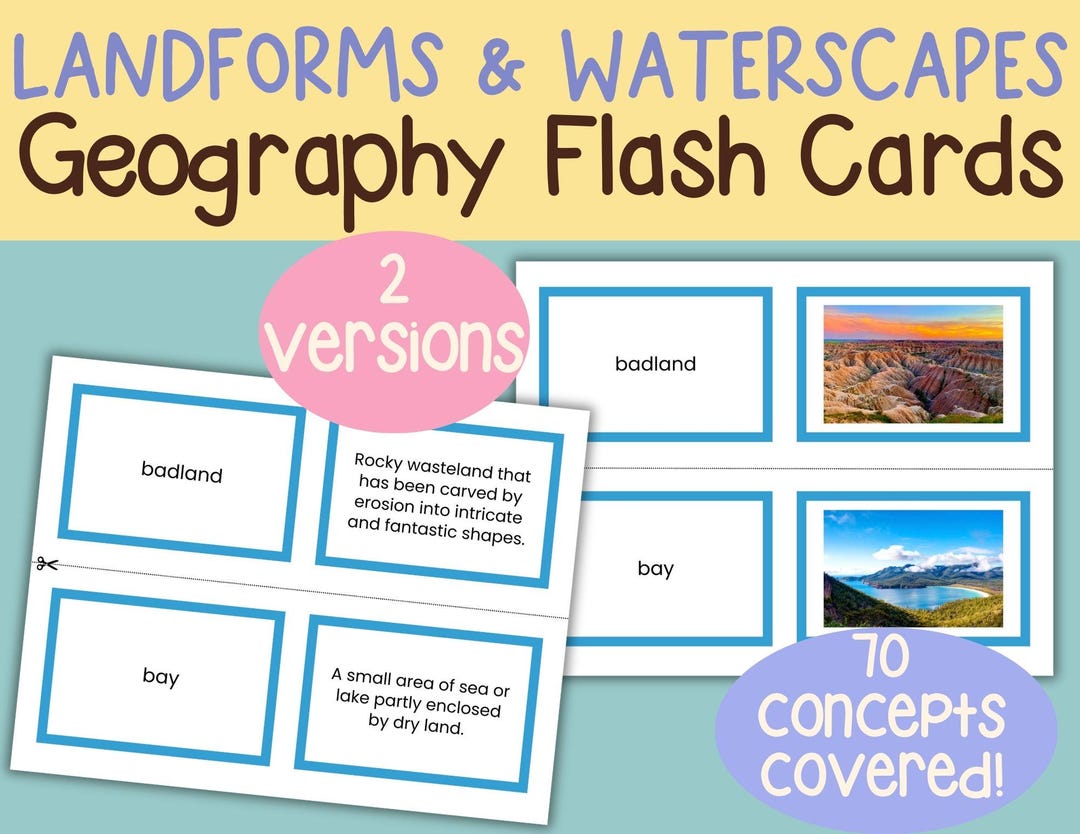 Geography Flashcards | 70 Landforms & Waterscapes | 2 Versions (word ...