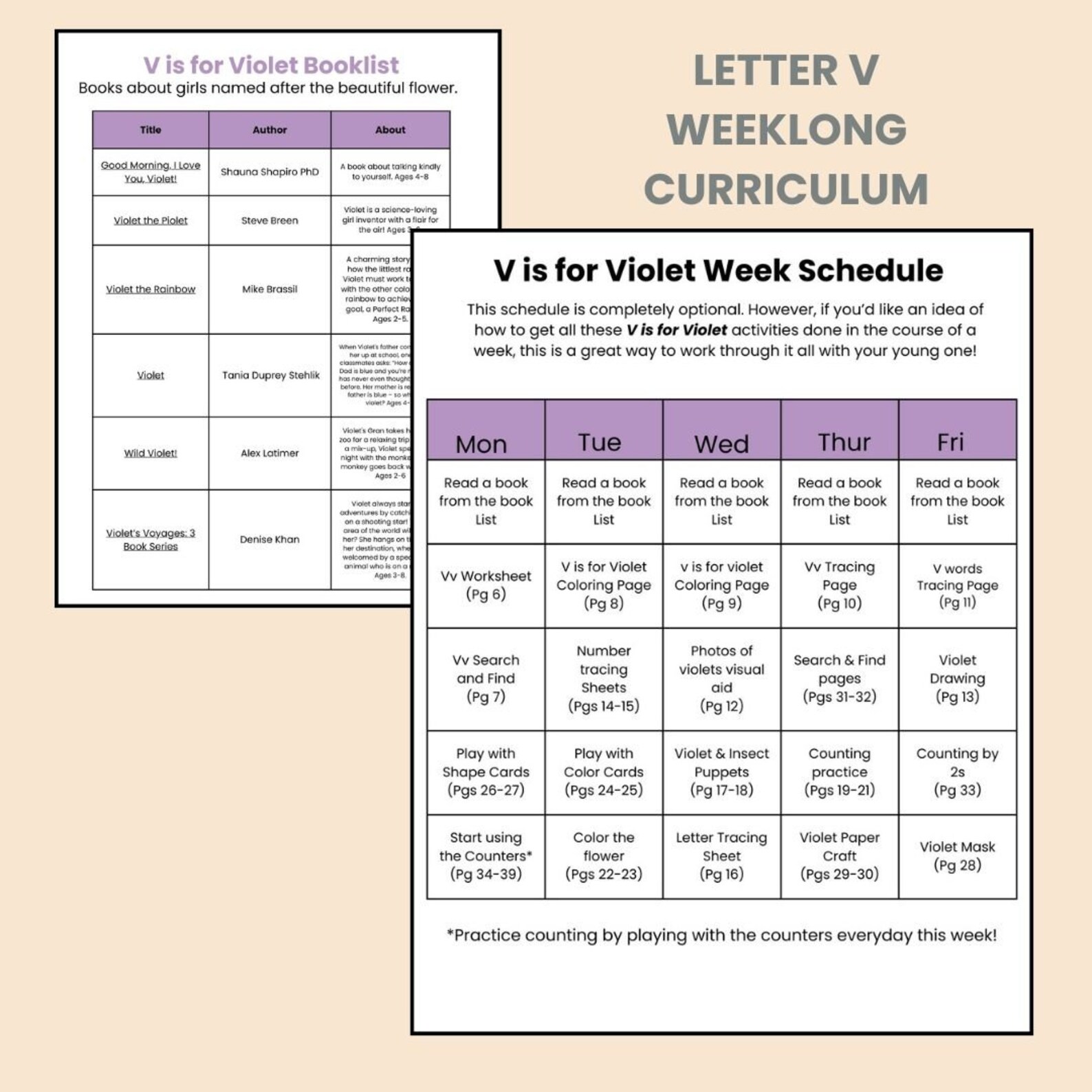 Violet Preschool Activity Sheets Bundle V is for Violet Letter Week ...