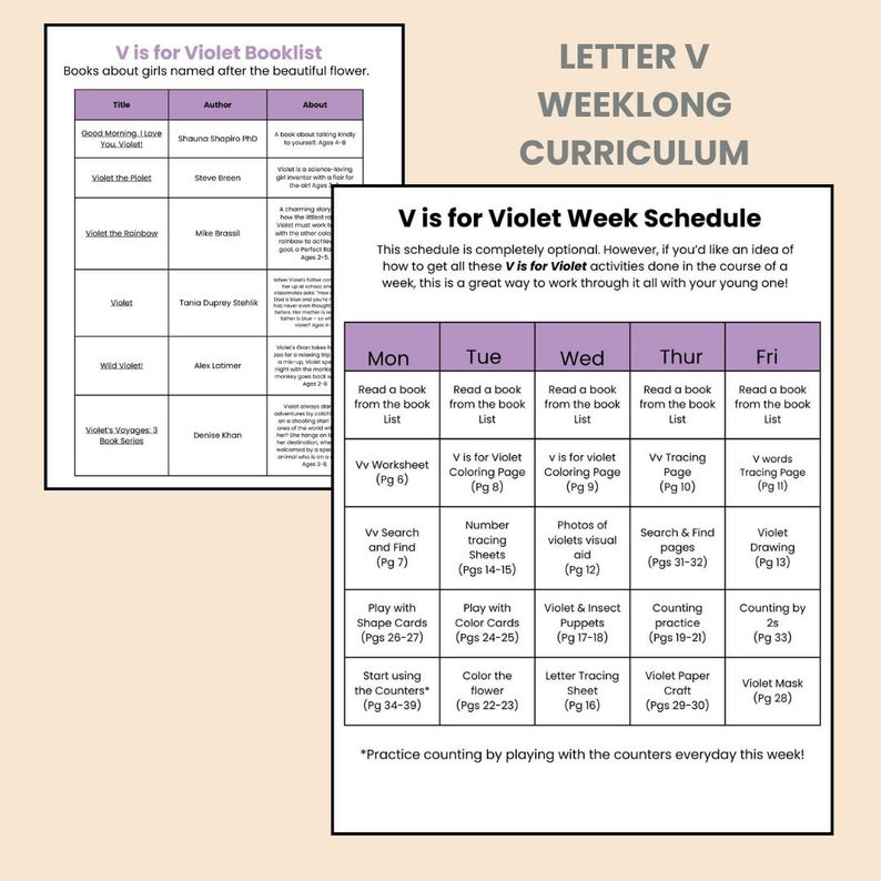 Violet Preschool Activity Sheets Bundle V is for Violet Letter Week ...