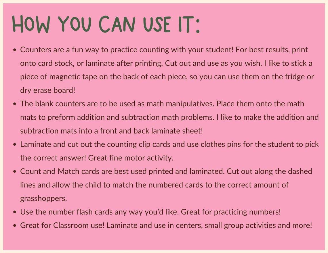 Grasshopper Math Activity Bundle: Preschool Counting Games (PDF ...