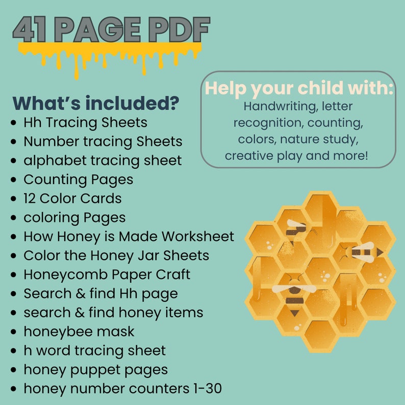 Honey Preschool Activity Sheets Workbook Kindergarten H is for Honey ...