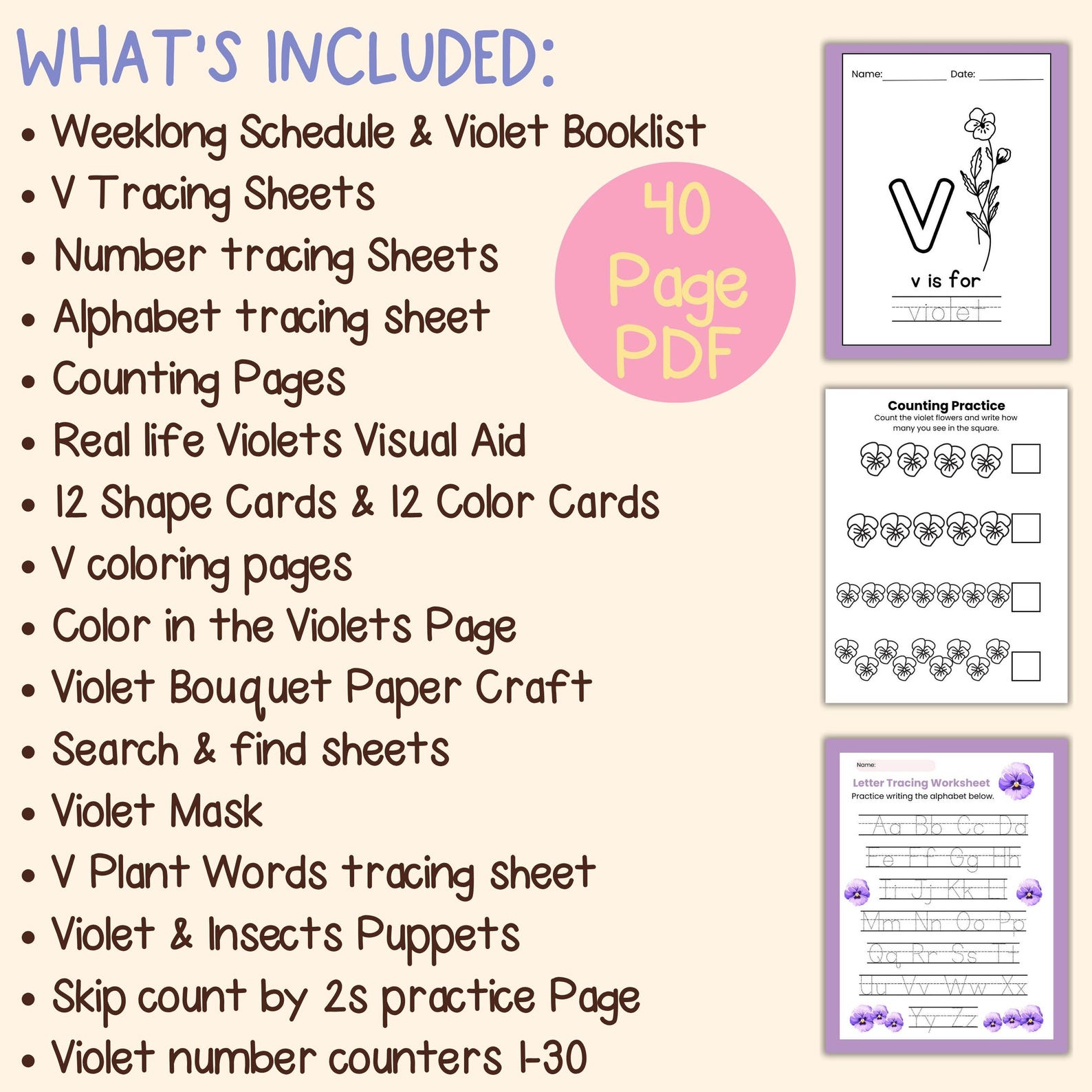 Violet Preschool Activity Sheets Bundle V is for Violet Letter Week ...