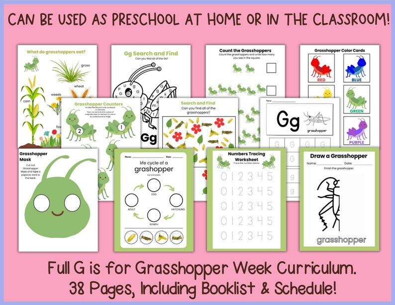Preschool Activity Sheets G is for Grasshopper Pre K Learning Bundle ...