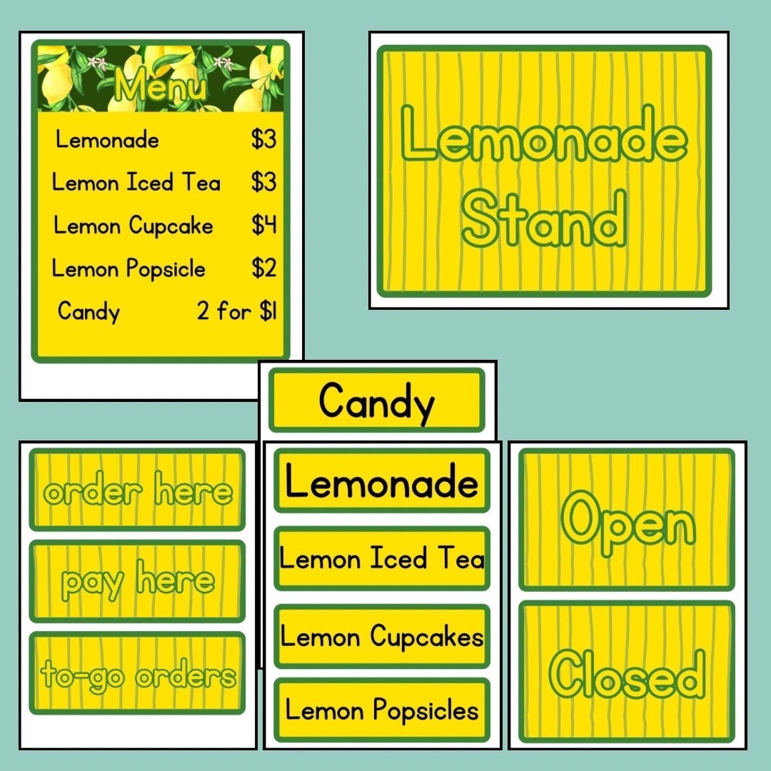 Lemonade Stand Dramatic Play Printable Pack Lemon Theme Shop Pretend ...