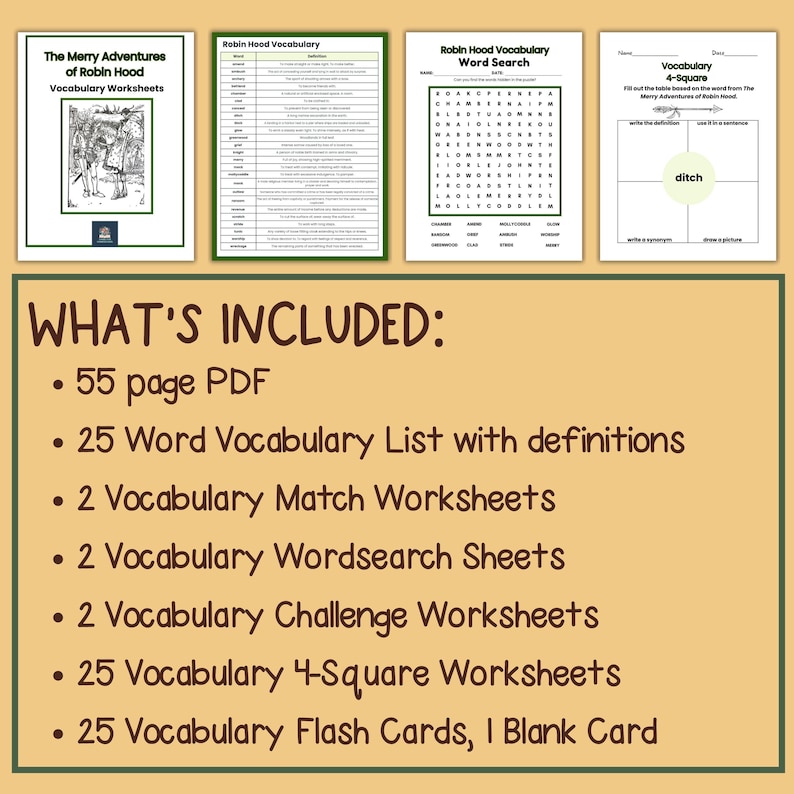Robin Hood Vocabulary Worksheets: Flash Cards, Word Search (PDF ...