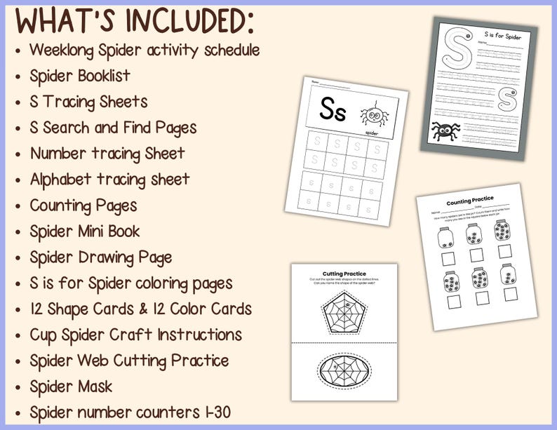 Spider Preschool Activities: Letter S Week Curriculum (PDF Download) - Etsy