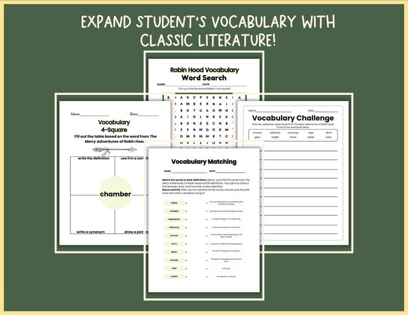 Robin Hood Vocabulary Worksheets: Flash Cards, Word Search (PDF ...