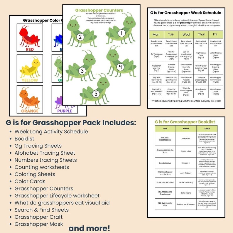 Preschool Activity Sheets G is for Grasshopper Pre K Learning Bundle ...