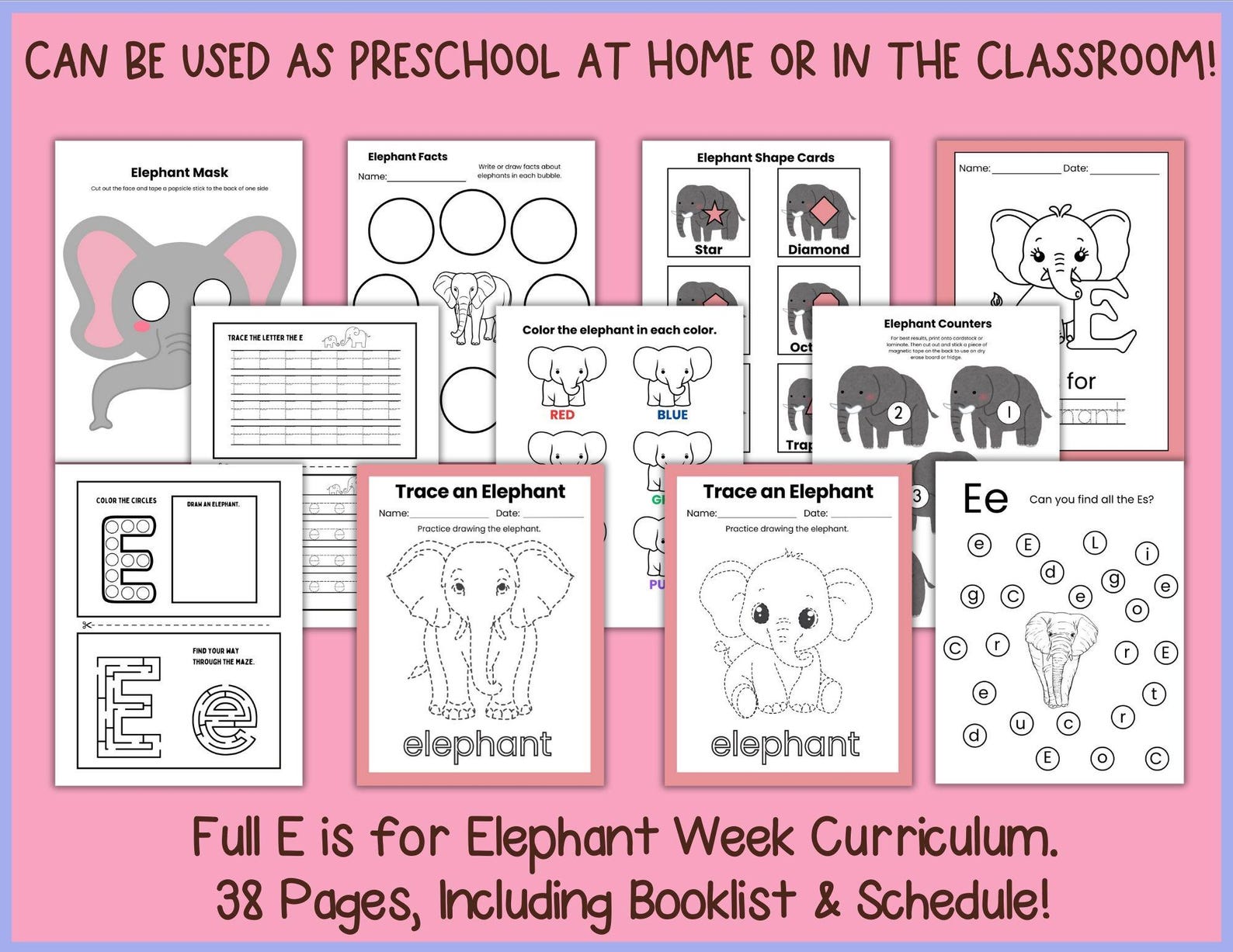 Elephant Preschool Learning Pack: Letter E Week Lesson Plan (PDF ...