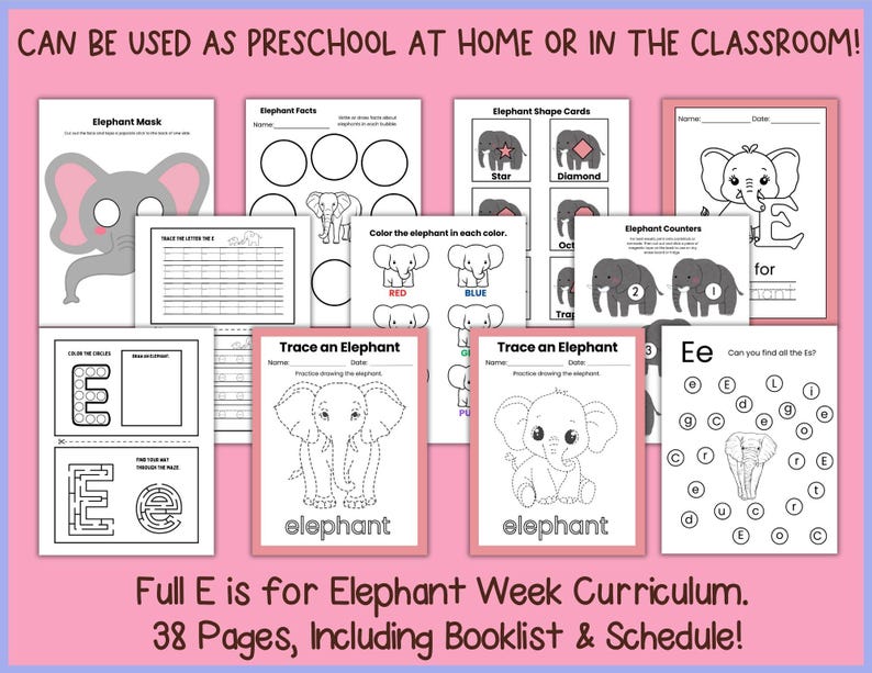 Elephant Preschool Learning Pack: Letter E Week Lesson Plan (PDF ...