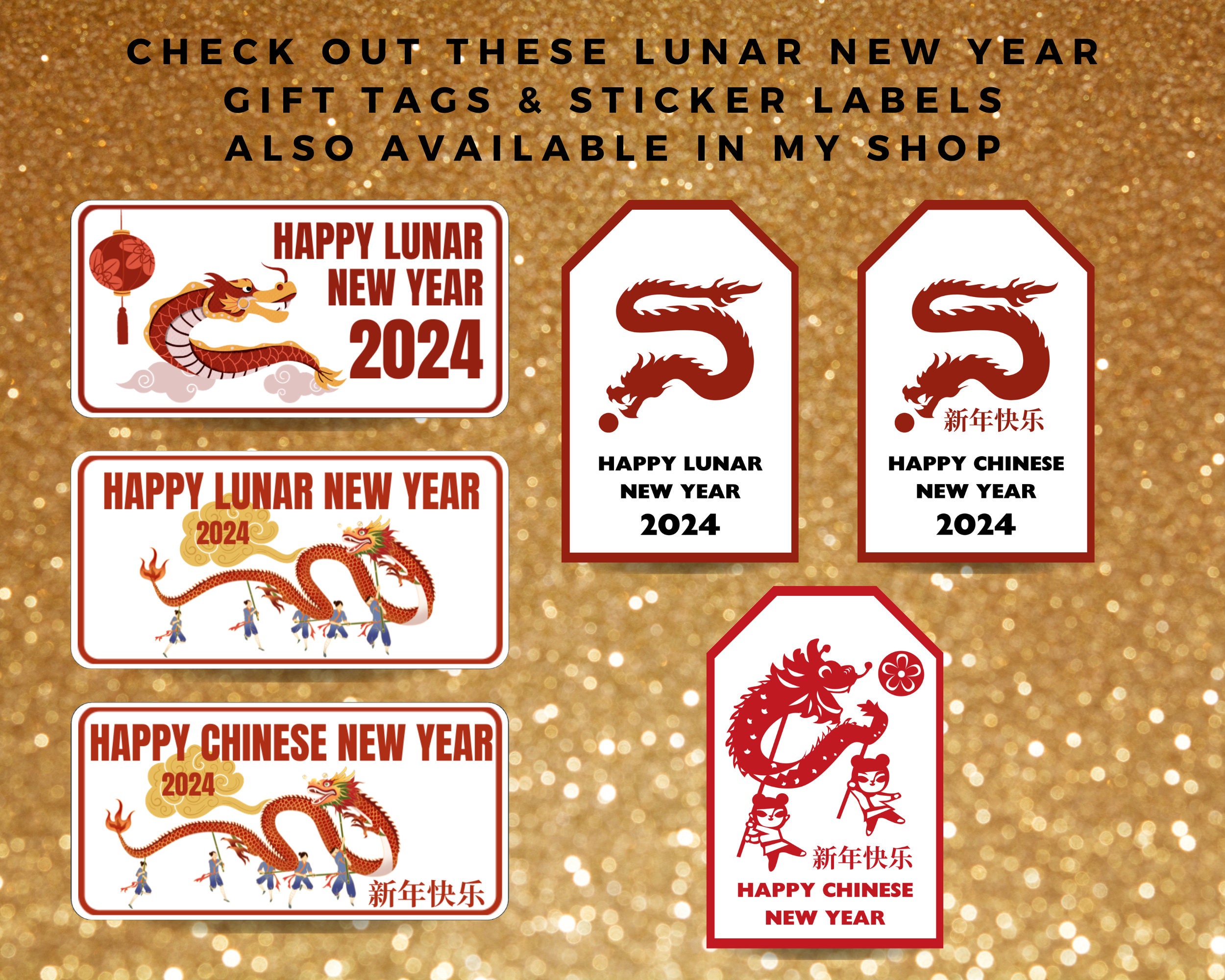 Chinese New Year Gift Tag, Lunar New Year Gift Tag, Year of the Dragon ...