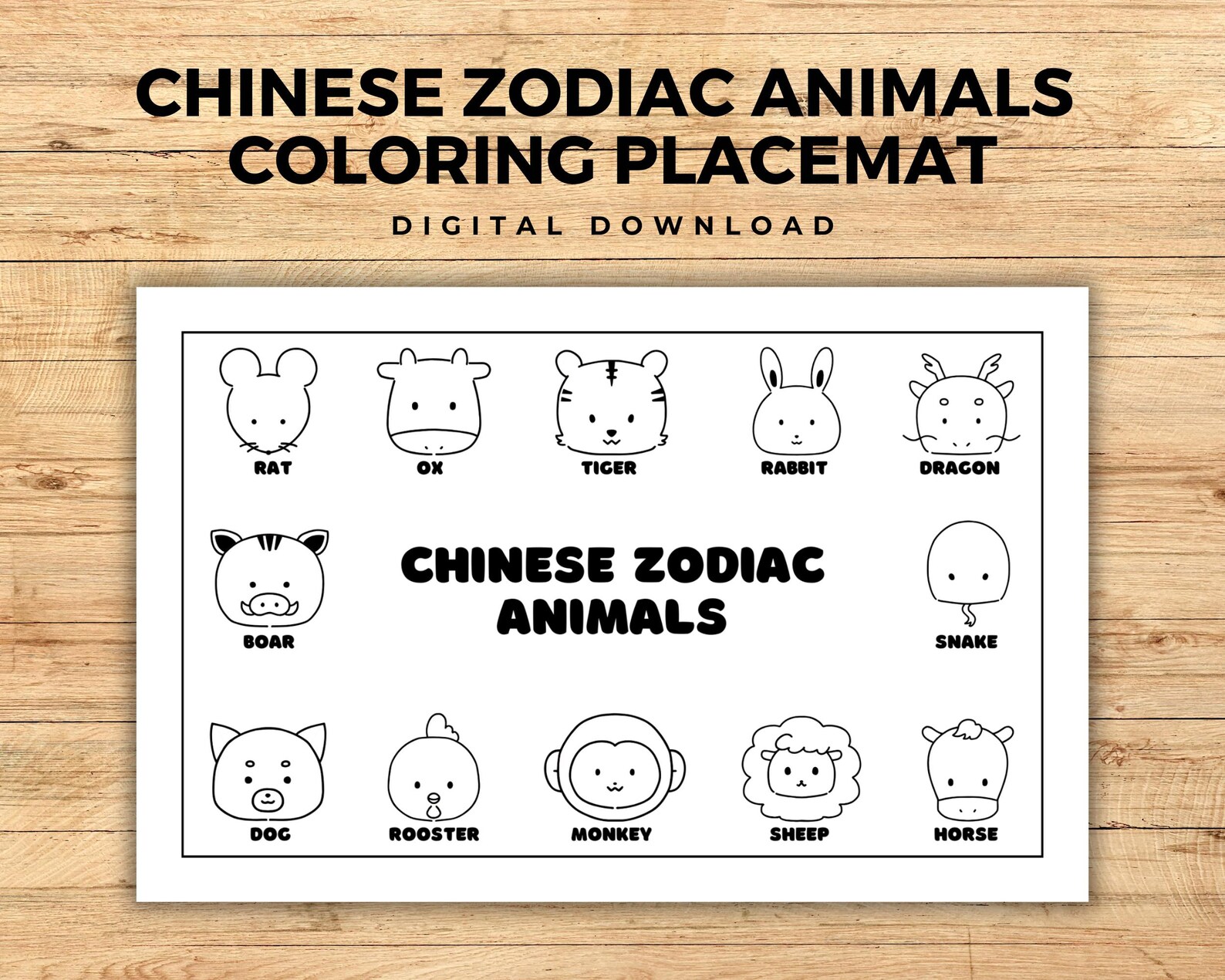 Chinese Zodiac Coloring Placemat, Chinese Zodiac Animals Coloring, Year ...