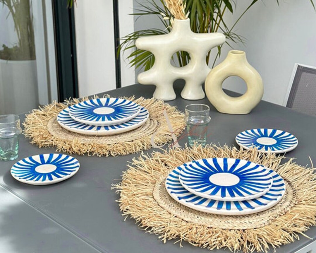 Handcrafted Moroccan Tafoukt Terracotta Plates 12 Pieces, Blue ...