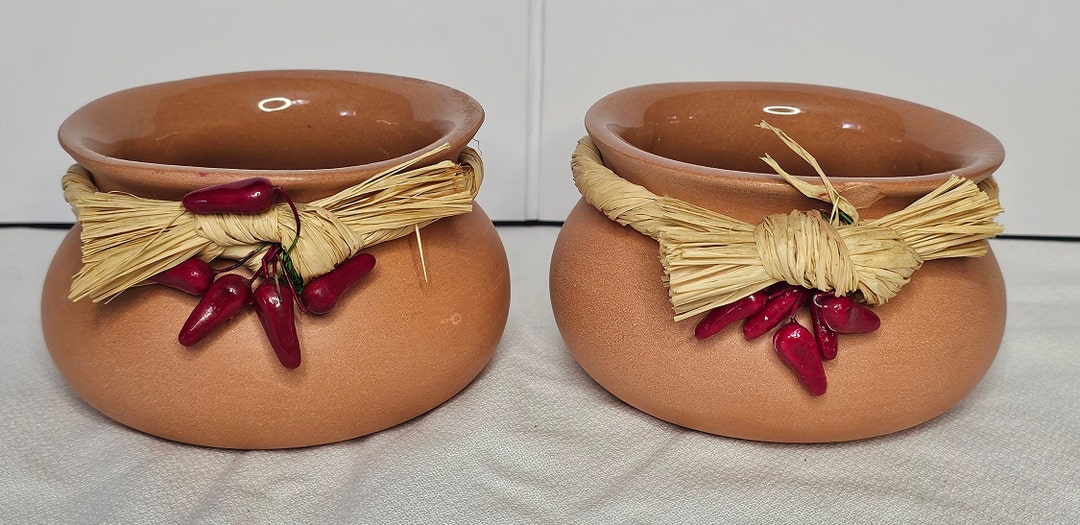 Set of 2 Vintage Chili Pepper Bowls, Terracotta Clay, Internally Glazed ...
