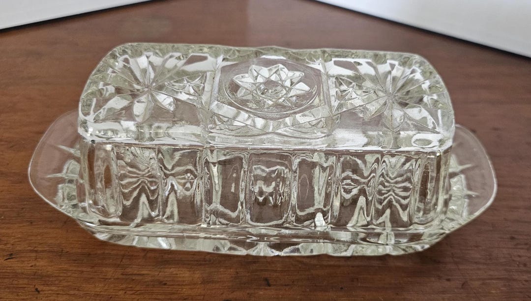Vintage Anchor Hocking Clear Pressed Glass Butter Dish, Rimmed Base ...