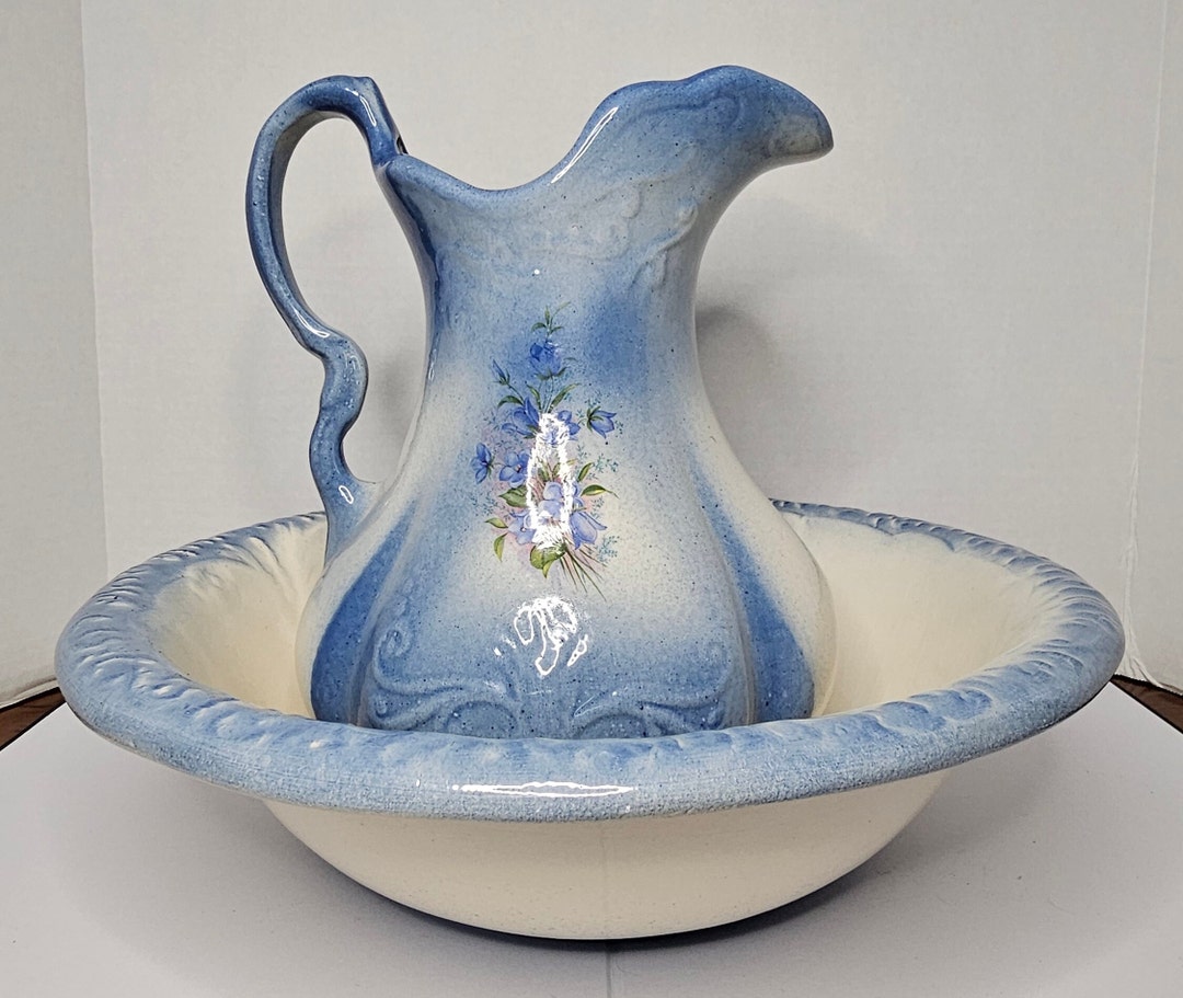 Ironstone Pottery, Vintage Blue Flower Pitcher and Bowl, Wash Basin Set ...
