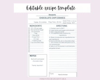 Editable Recipe Card, Printable Recipe Log, Recipe Book, Recipe ...
