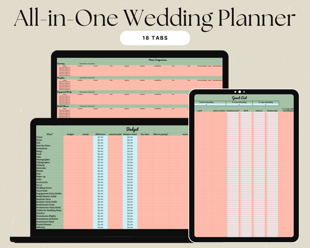 Digital Wedding Planner | Spreadsheet for Google Sheets, Excel, and ...