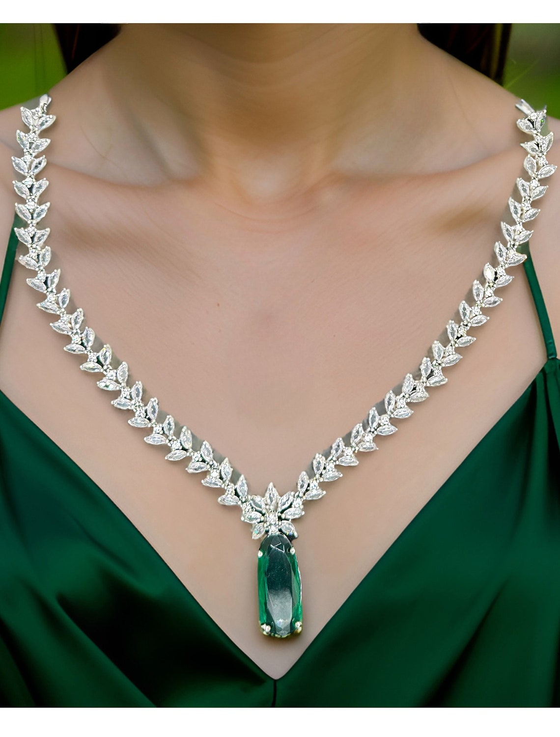 Delicate AD CZ Pendant Set, American Diamond, Mint Cz Necklace, Yellow ...