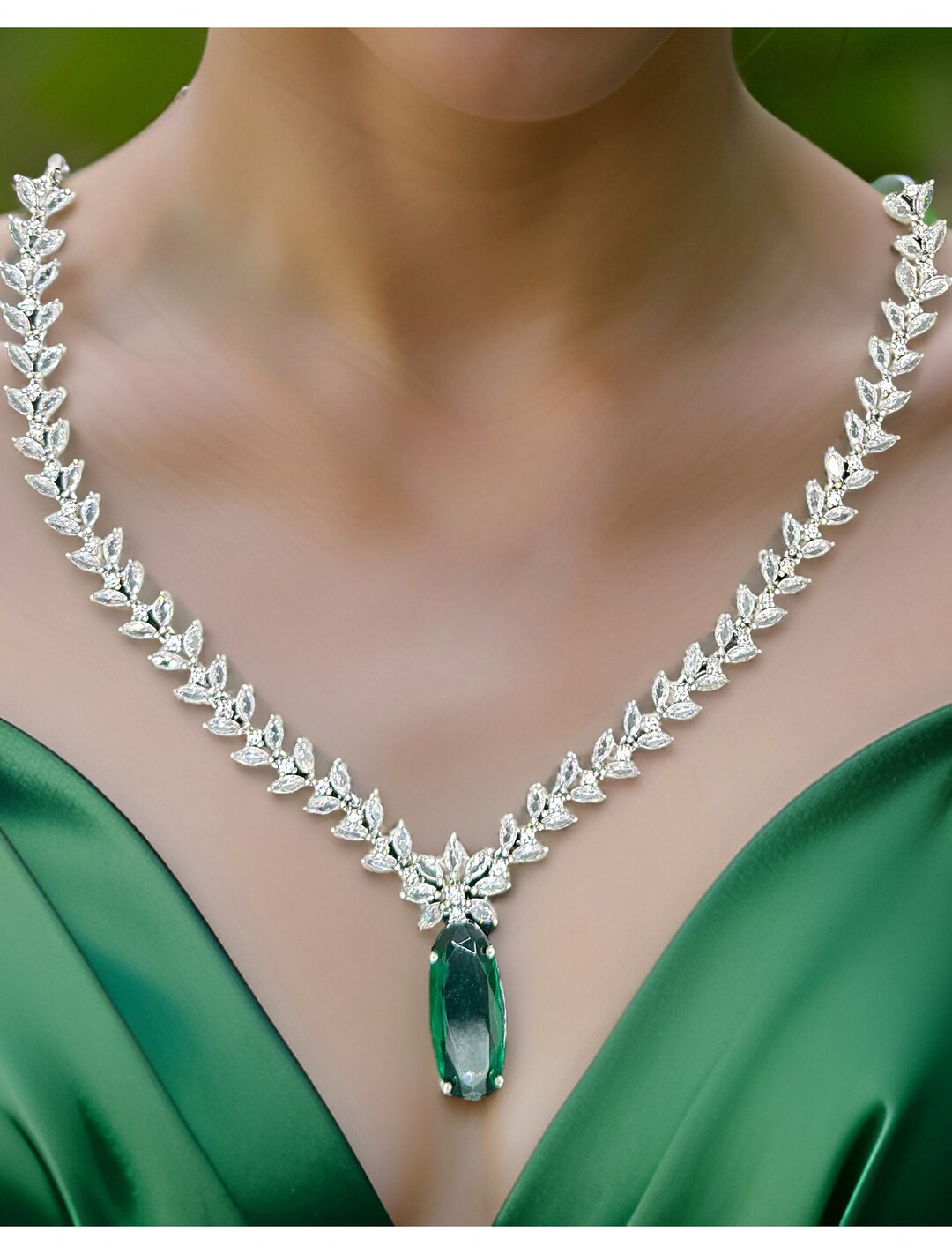 Delicate AD CZ Pendant Set, American Diamond, Mint Cz Necklace, Yellow ...