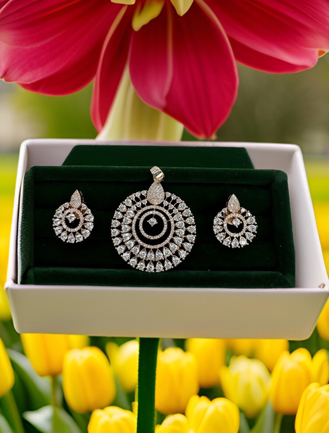 AD CZ Pendant Set Rose Gold Pendant Set Round Pendant Cubic Zirconia ...