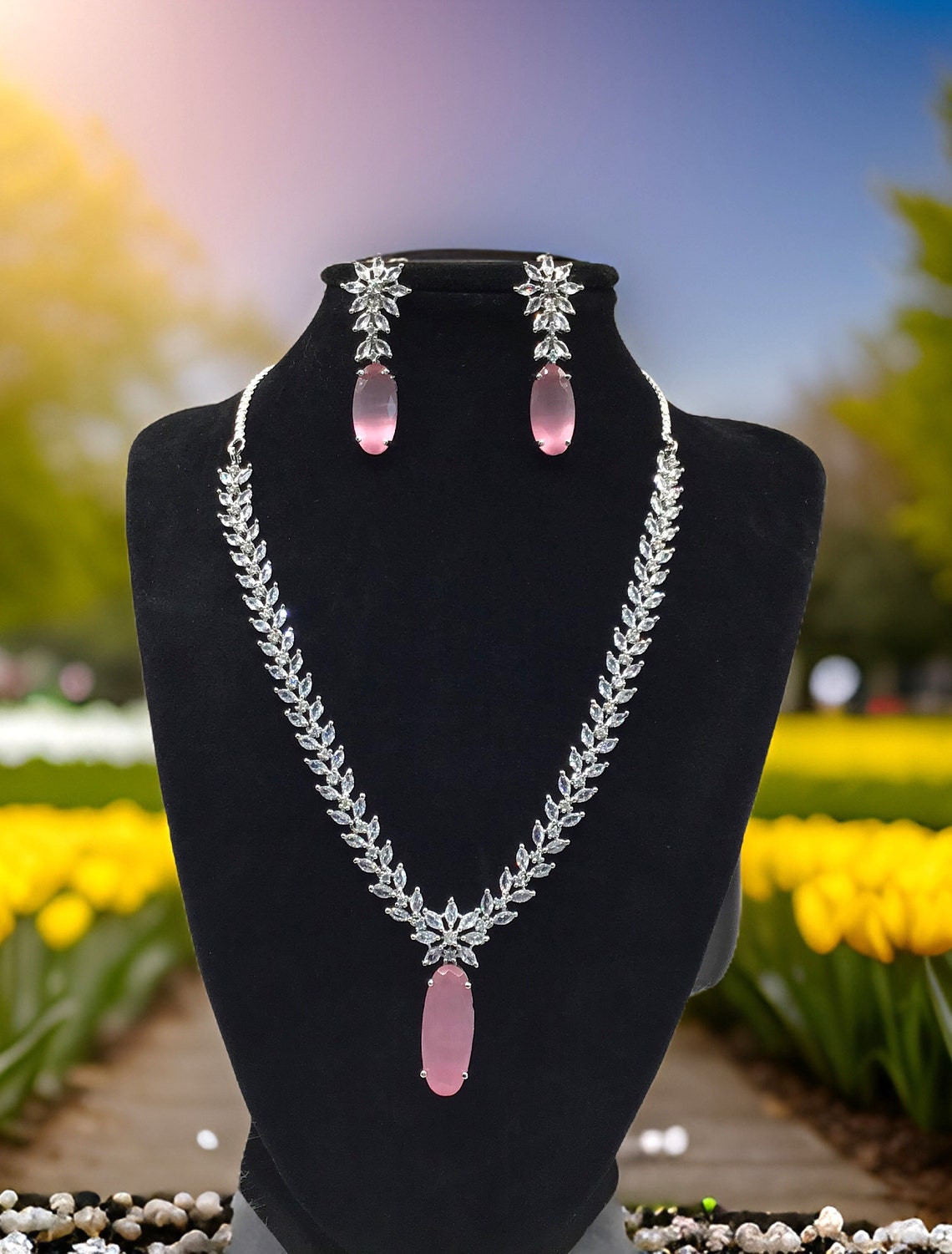 Delicate AD CZ Pendant Set, American Diamond, Mint Cz Necklace, Yellow ...