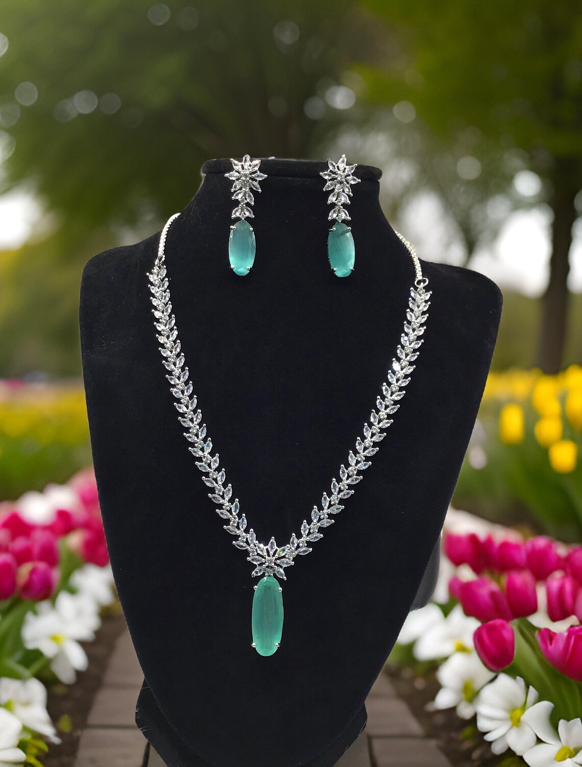 Delicate AD CZ Pendant Set, American Diamond, Mint Cz Necklace, Yellow ...