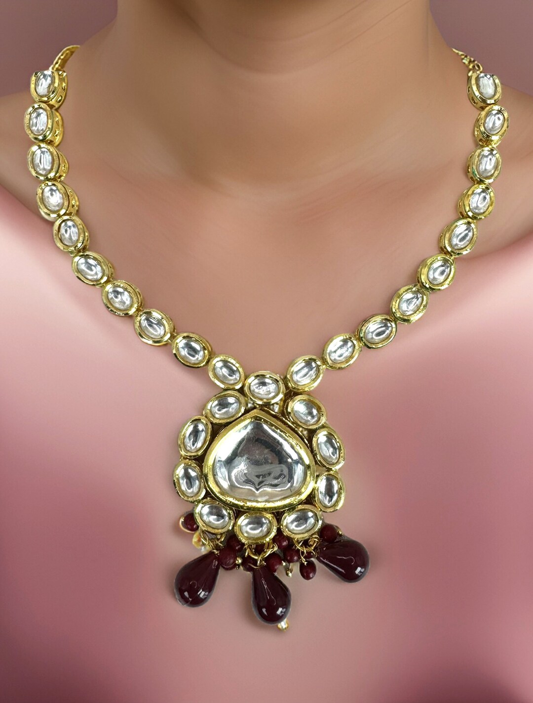 Delicate Kundan Choker Set, Maroon Onyx Beads Necklace, Kundan Choker ...