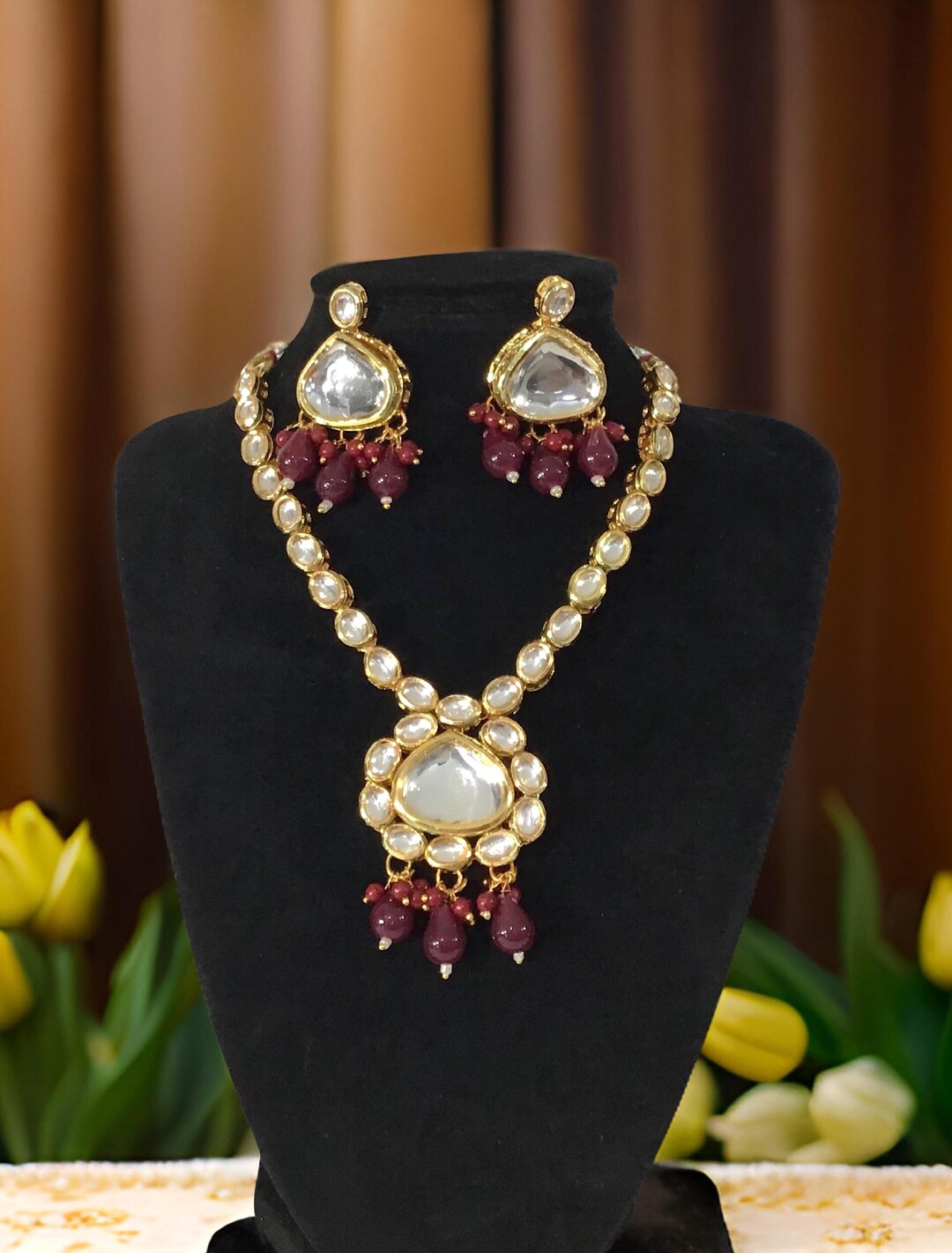 Delicate Kundan Choker Set, Maroon Onyx Beads Necklace, Kundan Choker ...