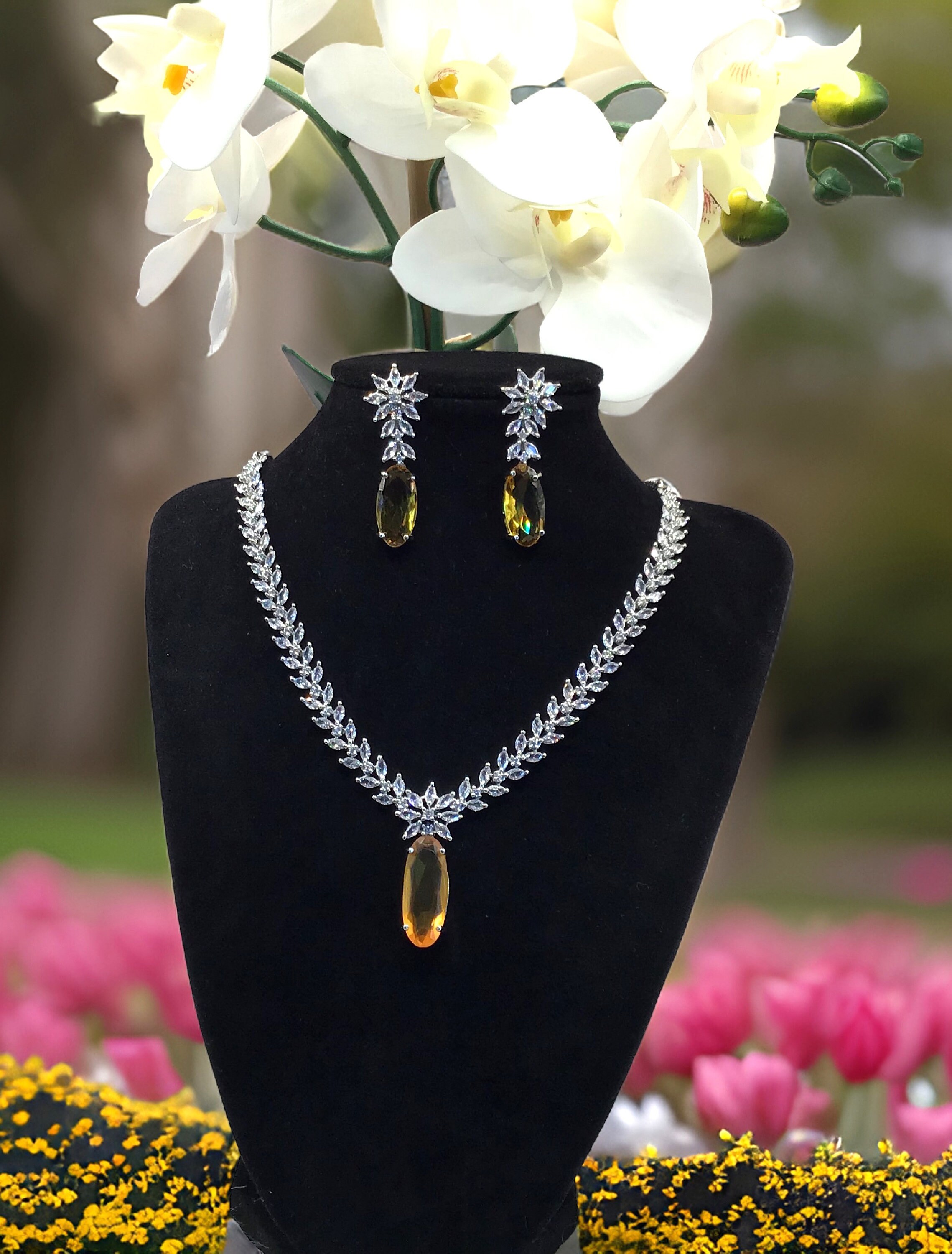 Delicate AD CZ Pendant Set, American Diamond, Mint Cz Necklace, Yellow ...