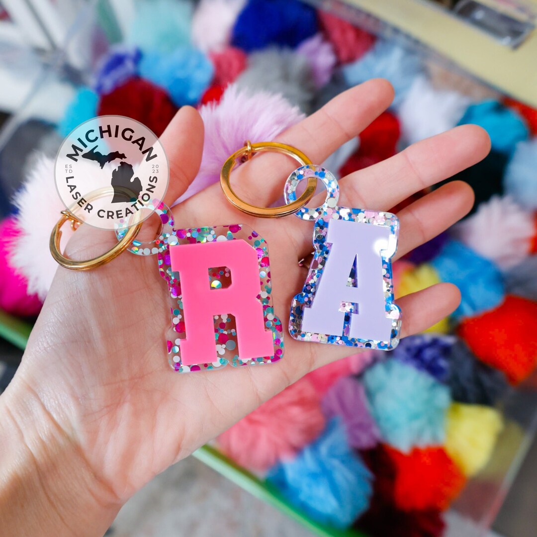 Varsity Letter Keychain With Pom Pom Zipper Pull Acrylic Keychain ...