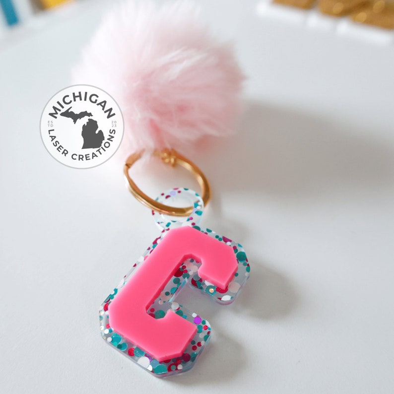 Varsity Letter Keychain With Pom Pom Zipper Pull Acrylic Keychain ...