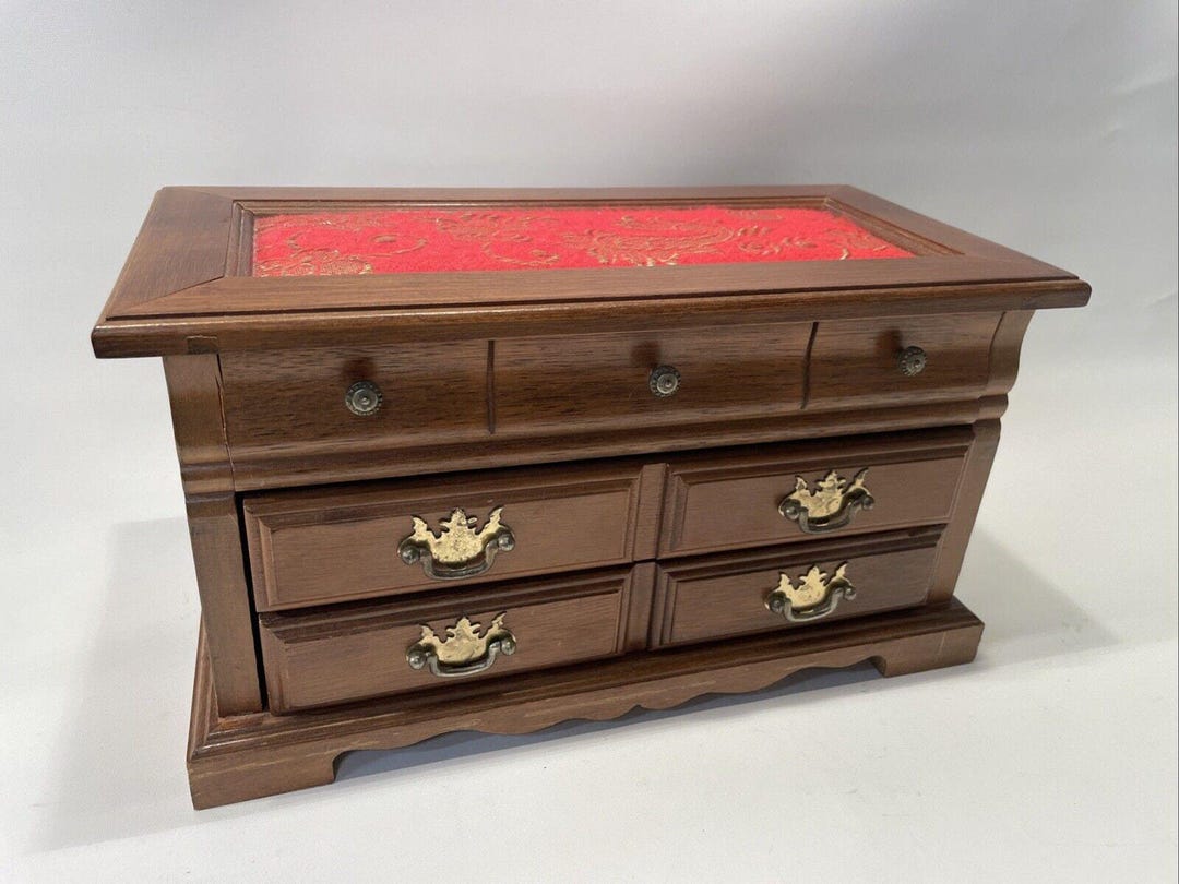 Vintage Two Drawer Oak Wood Jewelry Box With Brocade Fabric Top ...