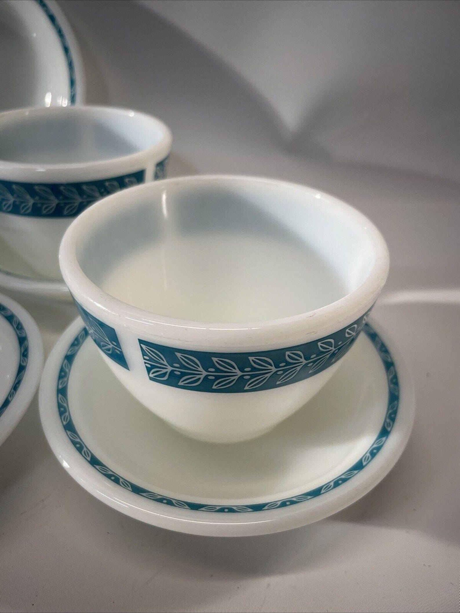 Vintage Corning Turquoise Teal Blue Laurel Leaf Custard Cups Service ...