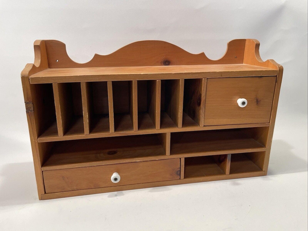 VTG Wood Desk Wall Mount Organizer Letter Mail Sorter Cubbies Drawers ...