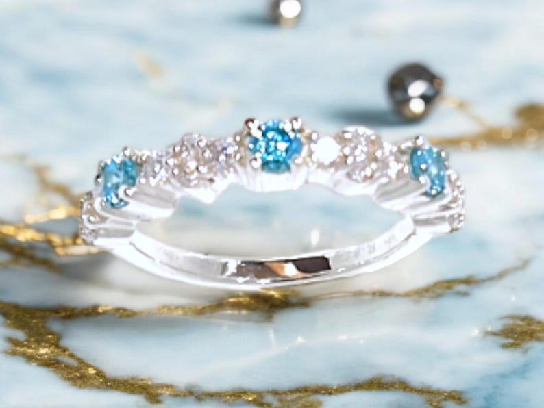 Blue Sky GEMSTONE Wedding Band With White CZ Stacking Bridesmaid Ring ...