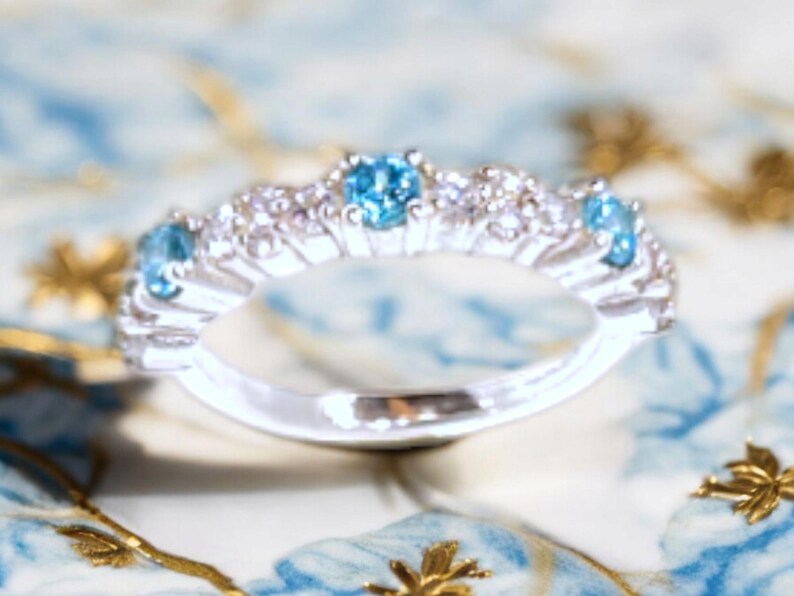 Blue Sky GEMSTONE Wedding Band With White CZ Stacking Bridesmaid Ring ...