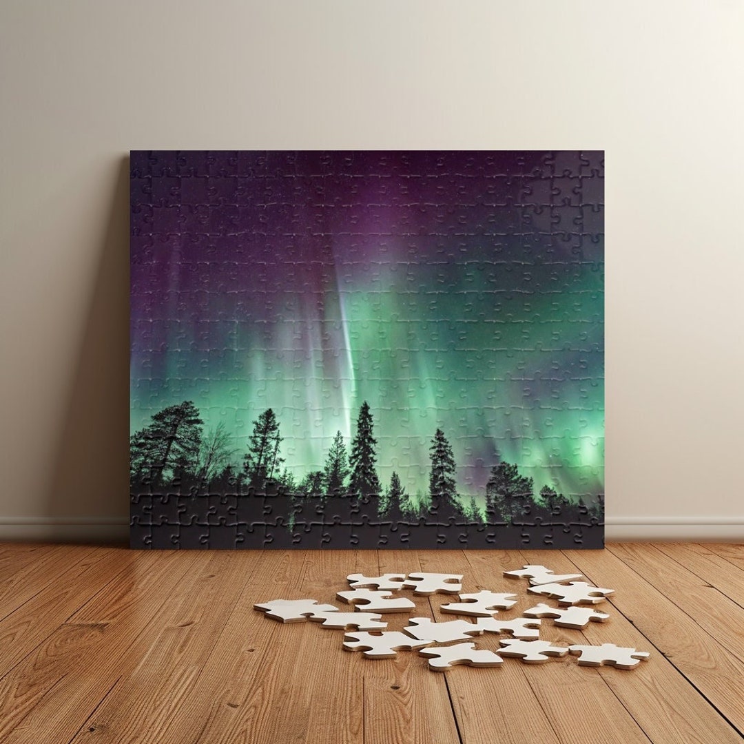 Aurora Borealis Skyline Puzzle - Northern Lights Forest Night Sky ...